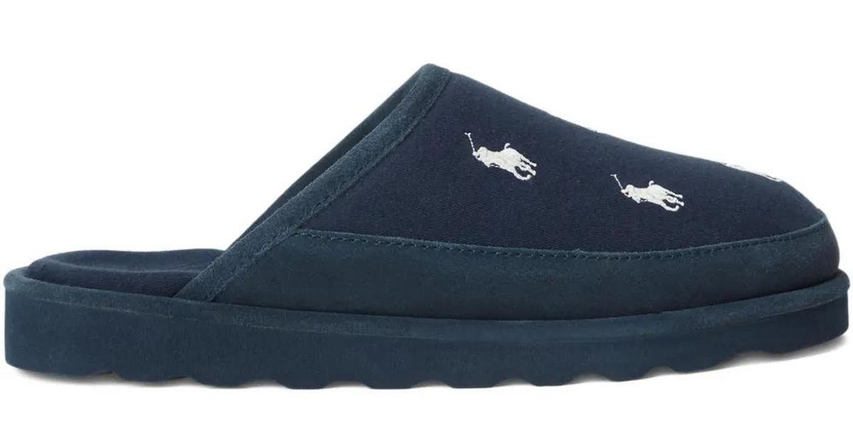 Polo Ralph Lauren Embroidered Cotton Slippers in Blue for Men | Lyst
