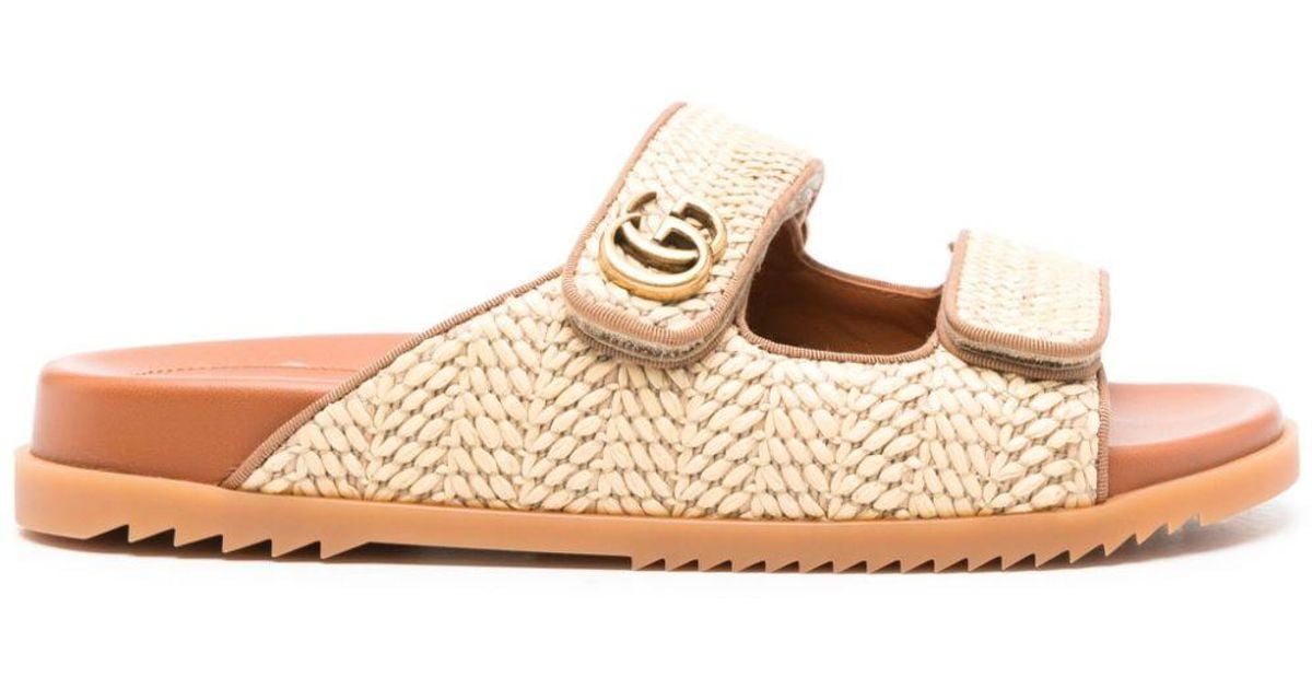 Gucci Double G-Plaque Raffia Sandals in Natural | Lyst