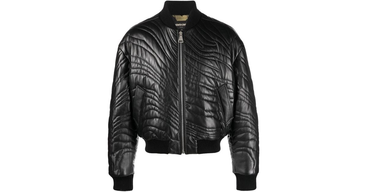 Roberto Cavalli Stripe-Quilted Leather Bomber Jacket in Black for Men ...