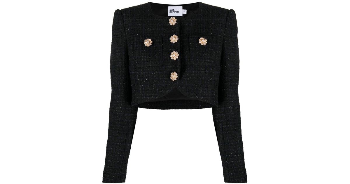 Self-Portrait Short Tweed Jacket, in Black | Lyst