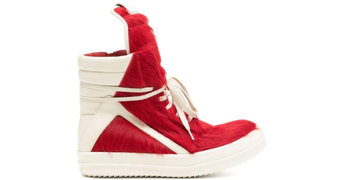Rick Owens Geobasket Fur-design Sneakers in Red | Lyst