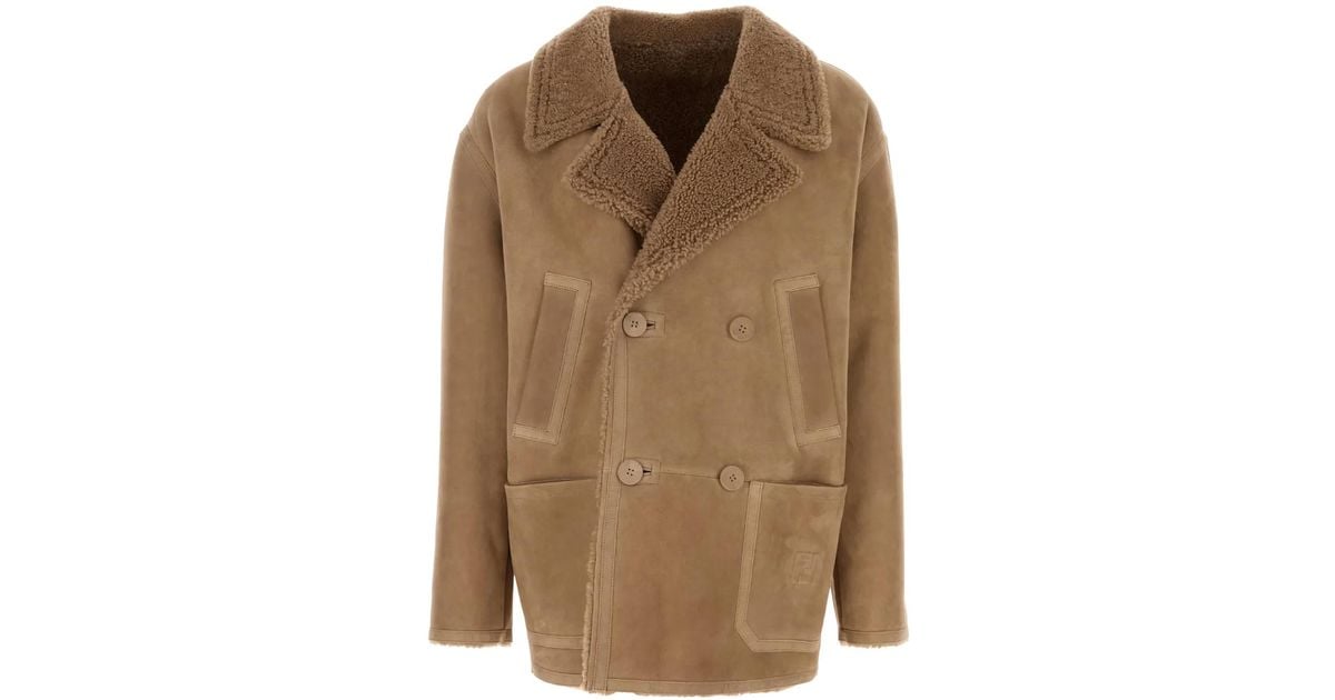 Fendi Camel Shearling Double-Breasted Jacket in Brown for Men | Lyst