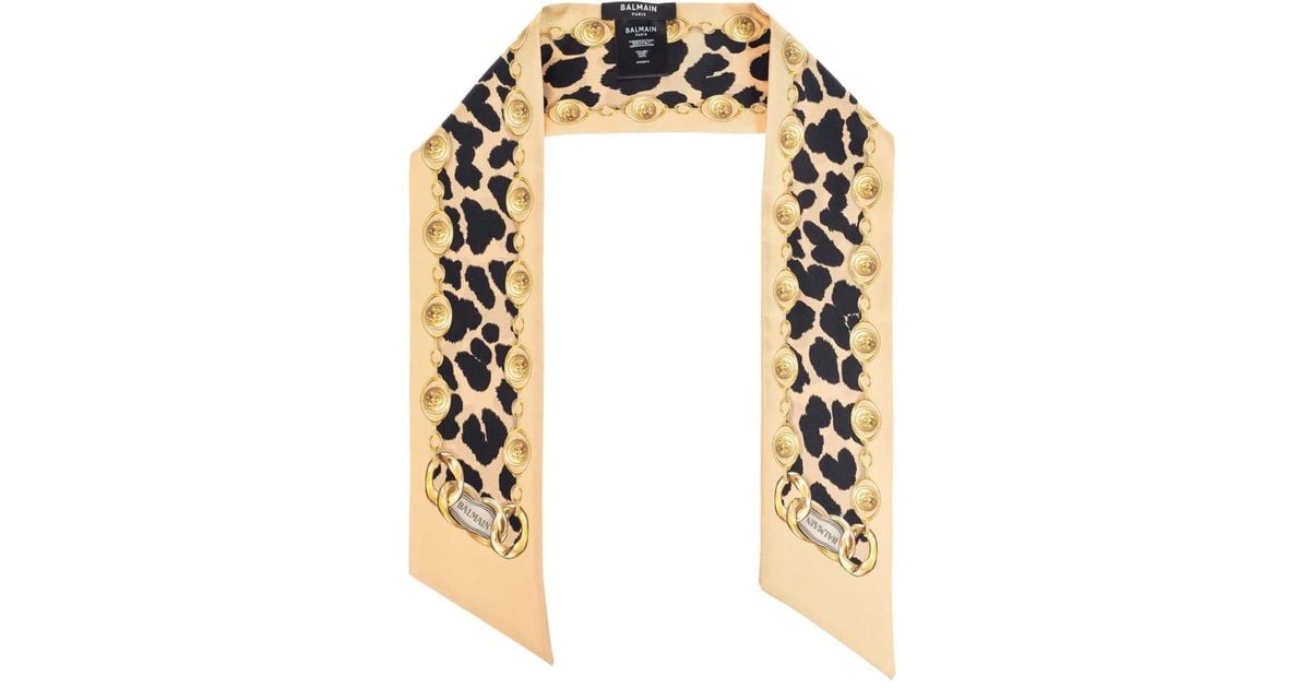 Balmain Leopard-Print Silk Scarf in Metallic | Lyst UK