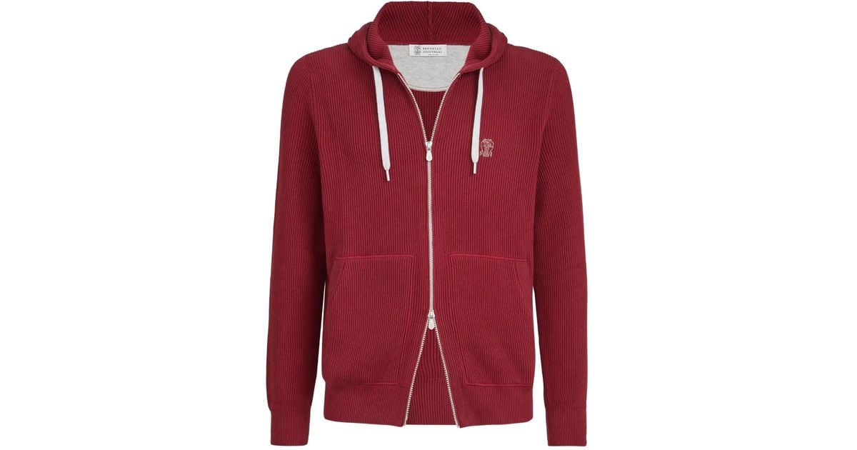 Brunello Cucinelli English-Rib Two-Way Zip Hoodie in Red for Men | Lyst UK