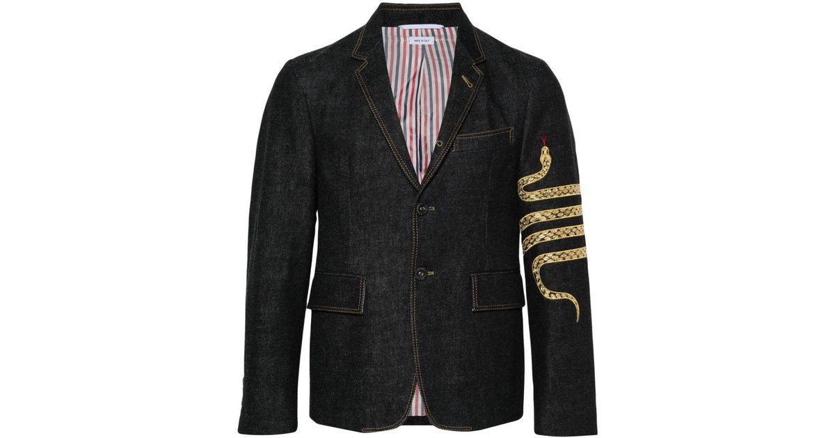 Thom Browne 4-Bar Snake-Embroidered Denim Blazer in Black for Men | Lyst