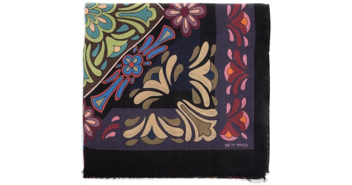 Etro Floral Wool Scarf in Black | Lyst UK