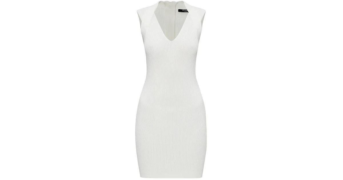 Balmain V-Neck Sleeveless Dress in White | Lyst UK