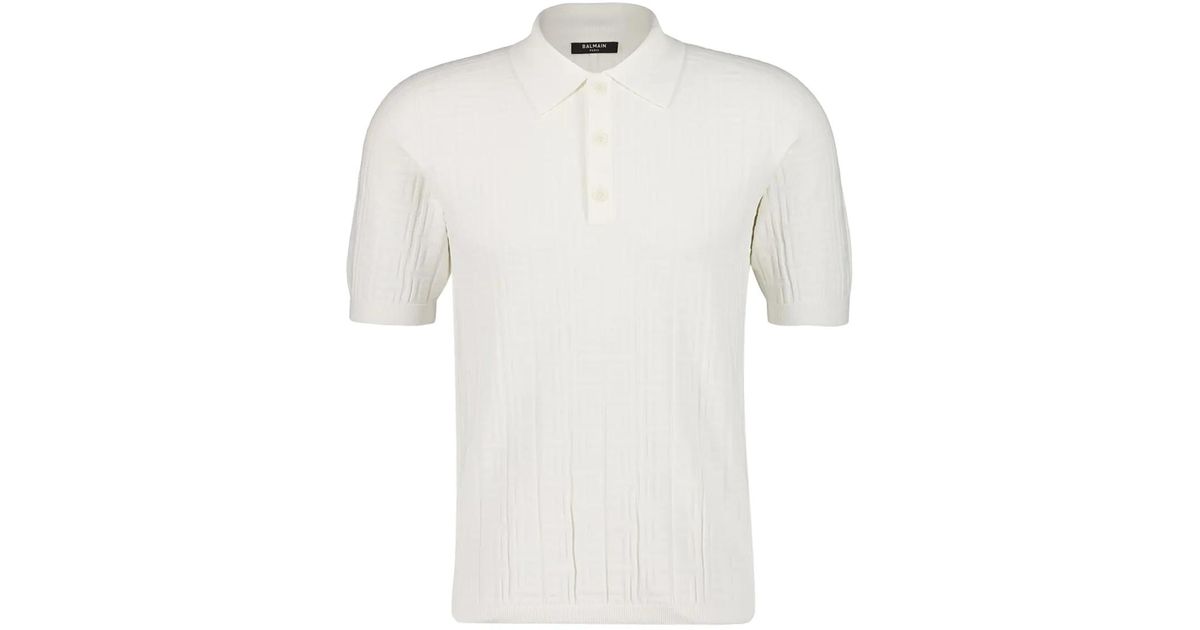 Balmain Textured Knit Polo Shirt in White for Men | Lyst UK