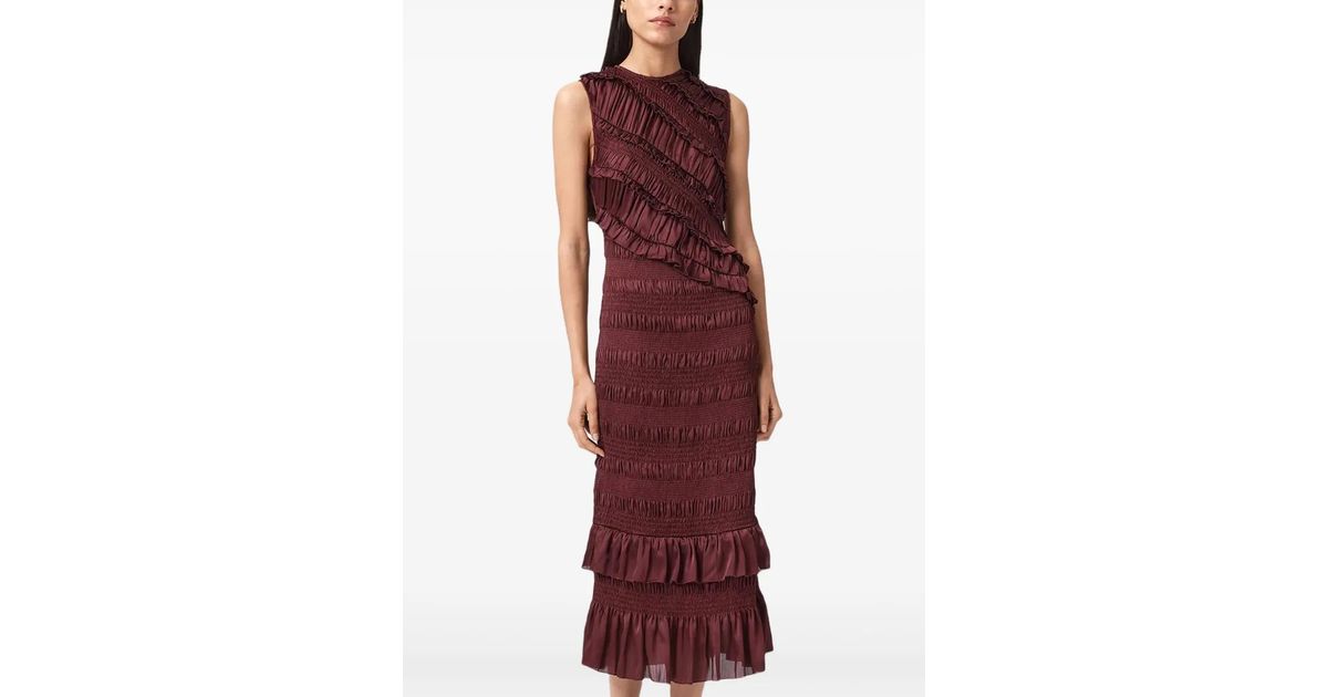 AllSaints Nyla Ruffled Midi Dress in Red | Lyst UK