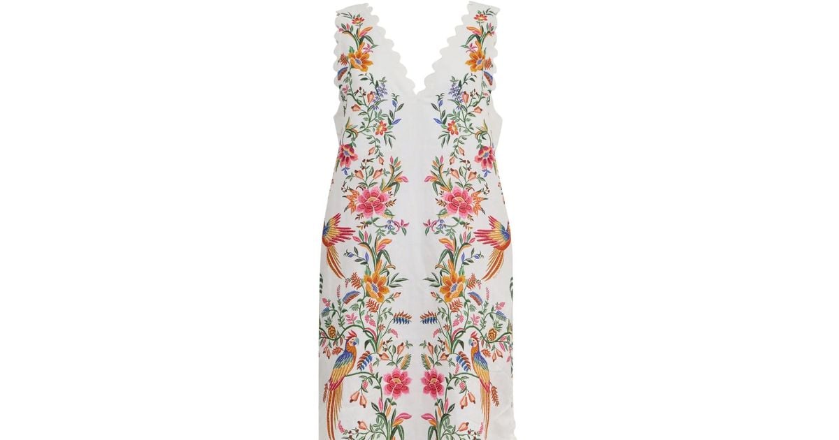 FARM Rio Delicate Forest Scalloped-Hem Bird-Print Maxi Dress in White ...