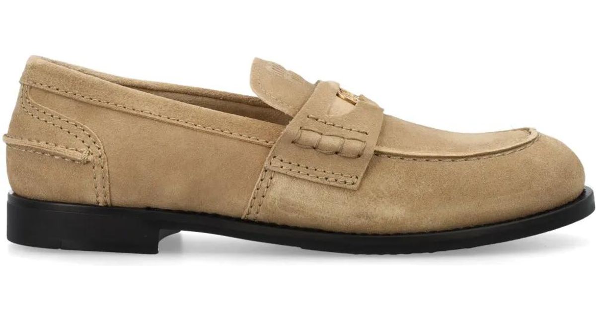 Miu Miu Logo-Plaque Suede Loafers in Brown | Lyst