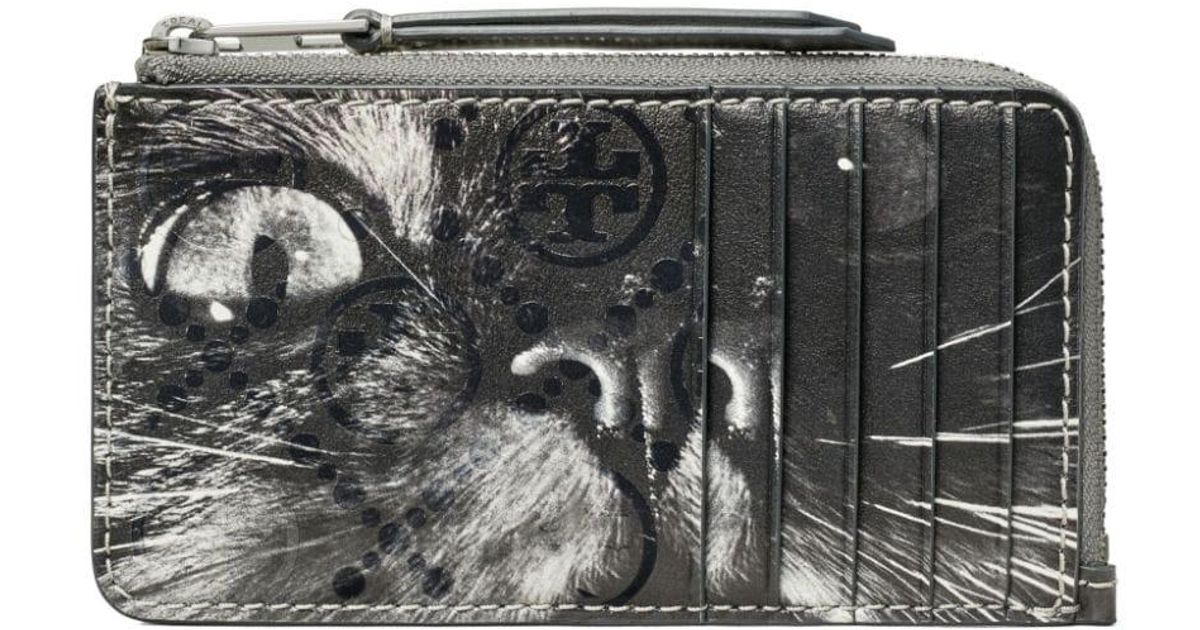 Tory Burch Cat-Print Leather Cardholder in Gray | Lyst