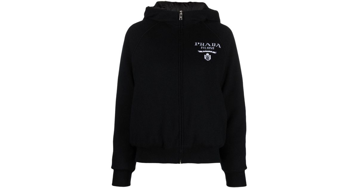 Prada Logo-Intarsia Cashmere-Blend Hooded Jacket in Black | Lyst