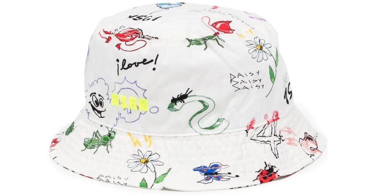 MSGM Graphic-Print Bucket Hat in White | Lyst