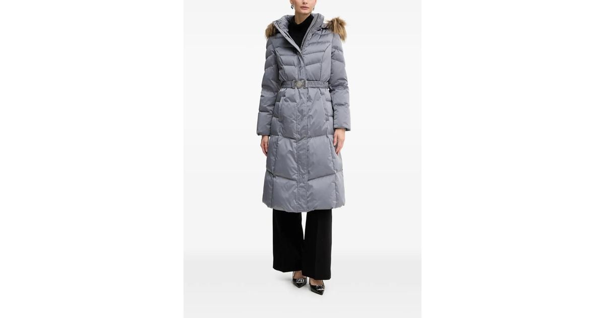 Guess Marina Faux-Fur Hooded Belted Coat in Grey | Lyst UK