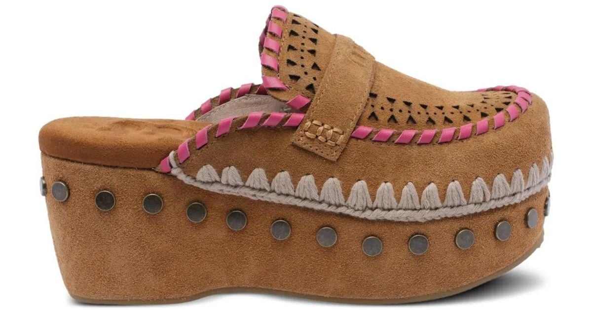 Mou 65Mm Embroidered Clogs in Brown | Lyst