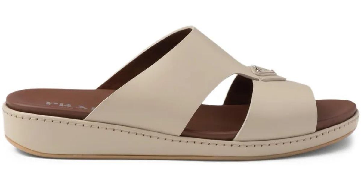 Prada Enameled Triangle Leather Slides in Brown for Men | Lyst UK