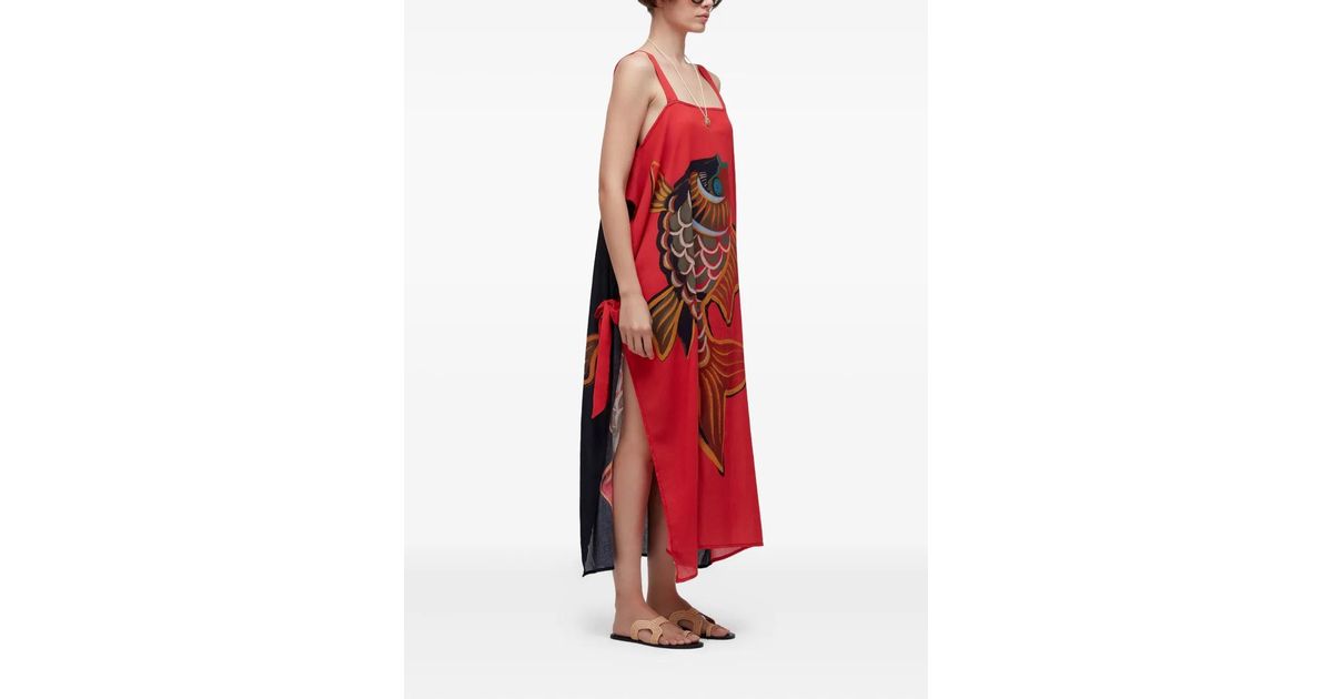 Osklen Pareo Peixe Fish-Print Side-Tie Two-Way Maxi Dress in Red | Lyst UK