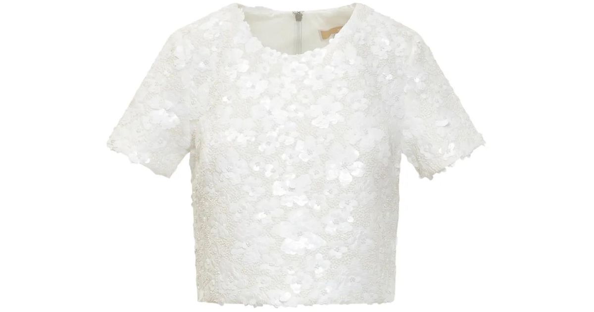 MICHAEL Michael Kors Sequin-Floral Crop Top in White | Lyst