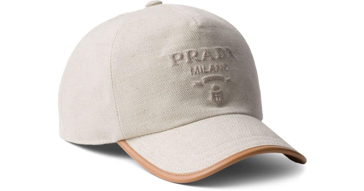 Prada Brand-Debossed Linen-Blend And Leather Baseball Cap in Natural ...