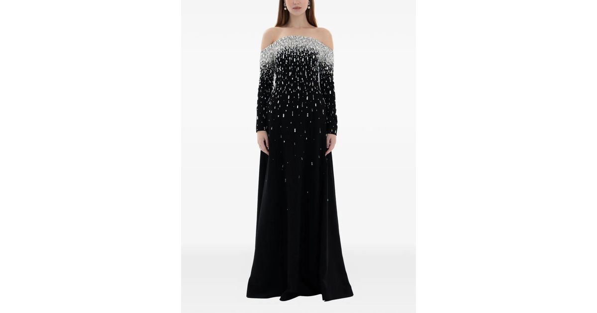 Dina Melwani Crystal Off-Shoulder Gown in Black | Lyst UK
