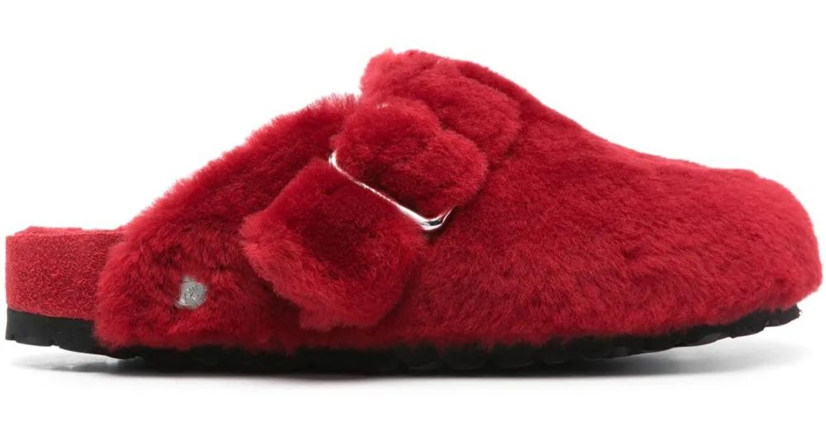 Birkenstock Boston 1774 Shearling Slippers in Red | Lyst