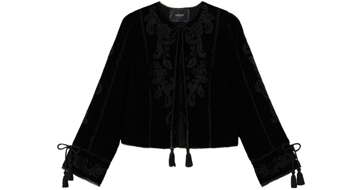 Twin Set Embroidered Velvet Jacket in Black | Lyst