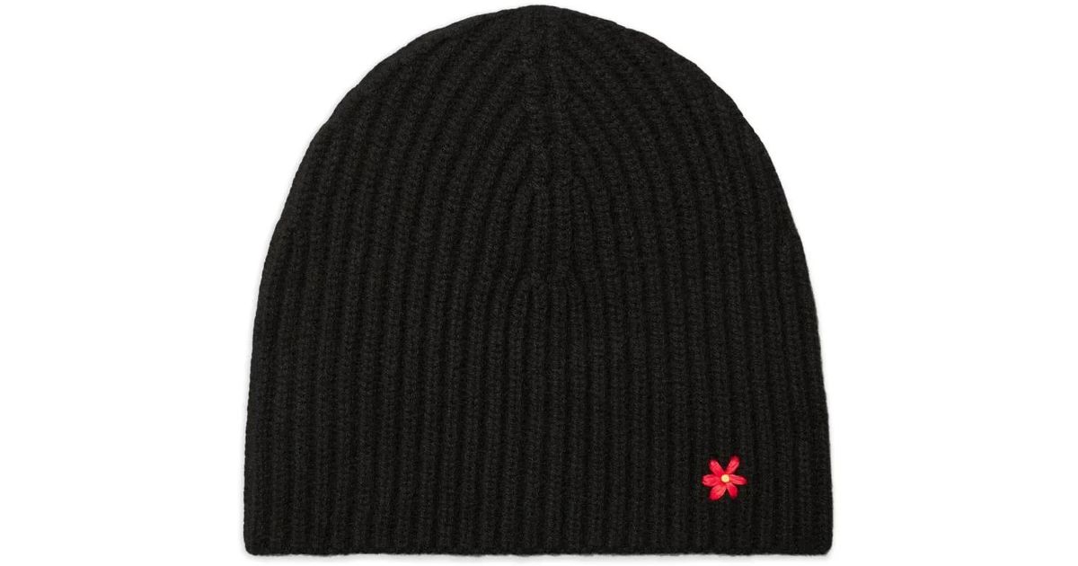 Tory Burch Ribbed Flower-Detail Beanie Hat in Black | Lyst UK