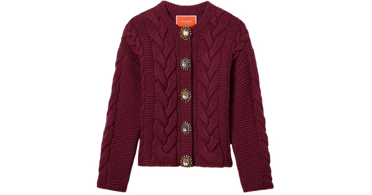 La DoubleJ Cable-Knit Embellished-Button Cardigan in Red | Lyst