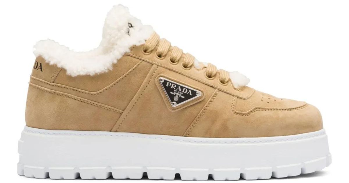 Prada Suede Shearling Sneakers in Natural | Lyst