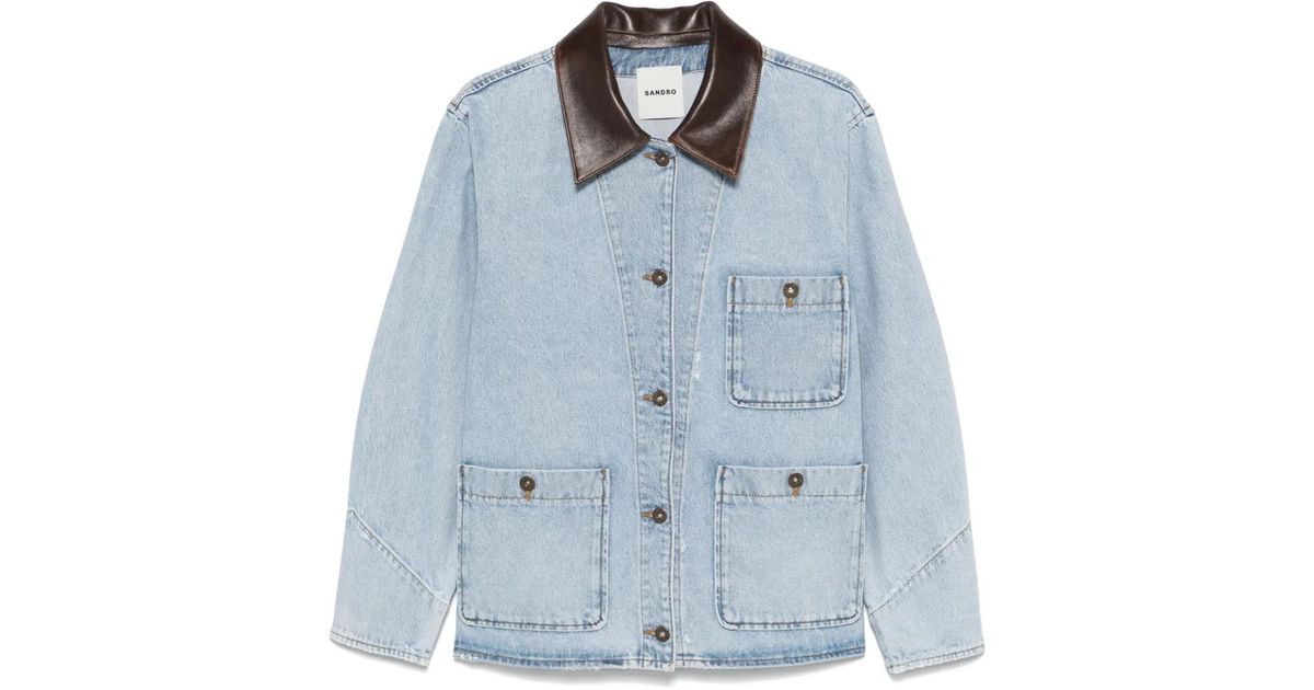 Sandro Leather-Collar Denim Jacket in Blue | Lyst