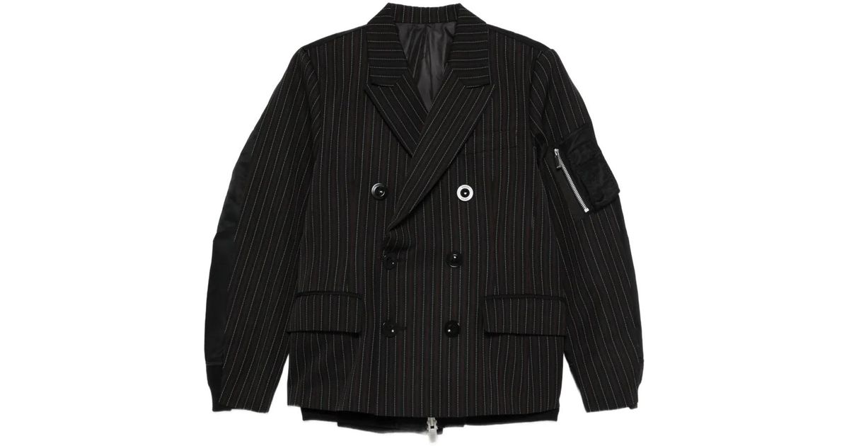 Sacai Double-Breasted Oversized Jacket With Pinstripe Detail in Black ...