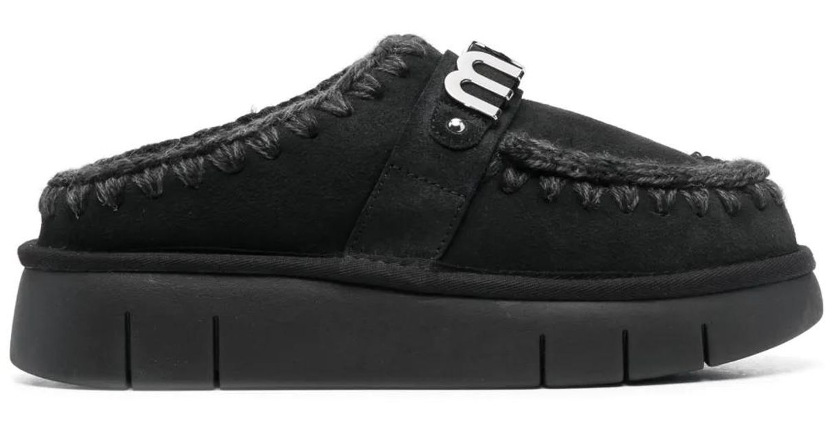 Mou Logo-Lettering Suede Slippers in Black | Lyst