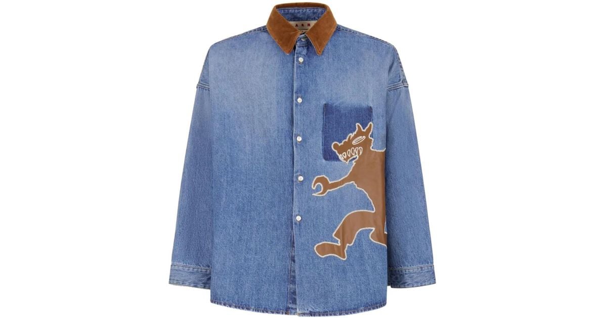 Marni X Slawn & Soldier Wolf-Patch Denim Shirt in Blue for Men | Lyst UK