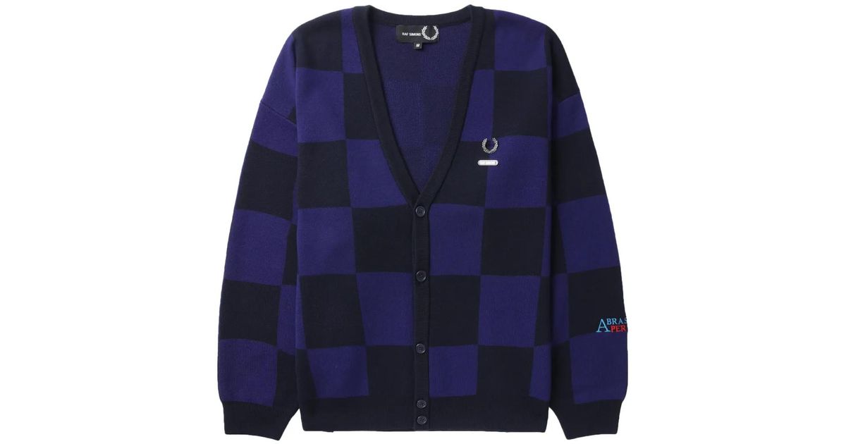 Fred Perry X Raf Simons Logo-Appliqué Checkered Cotton Cardigan in Blue ...