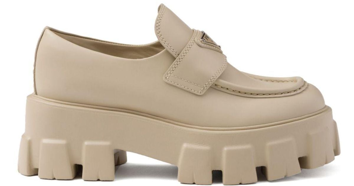Prada Brushed Leather Monolith Loafers in Natural | Lyst