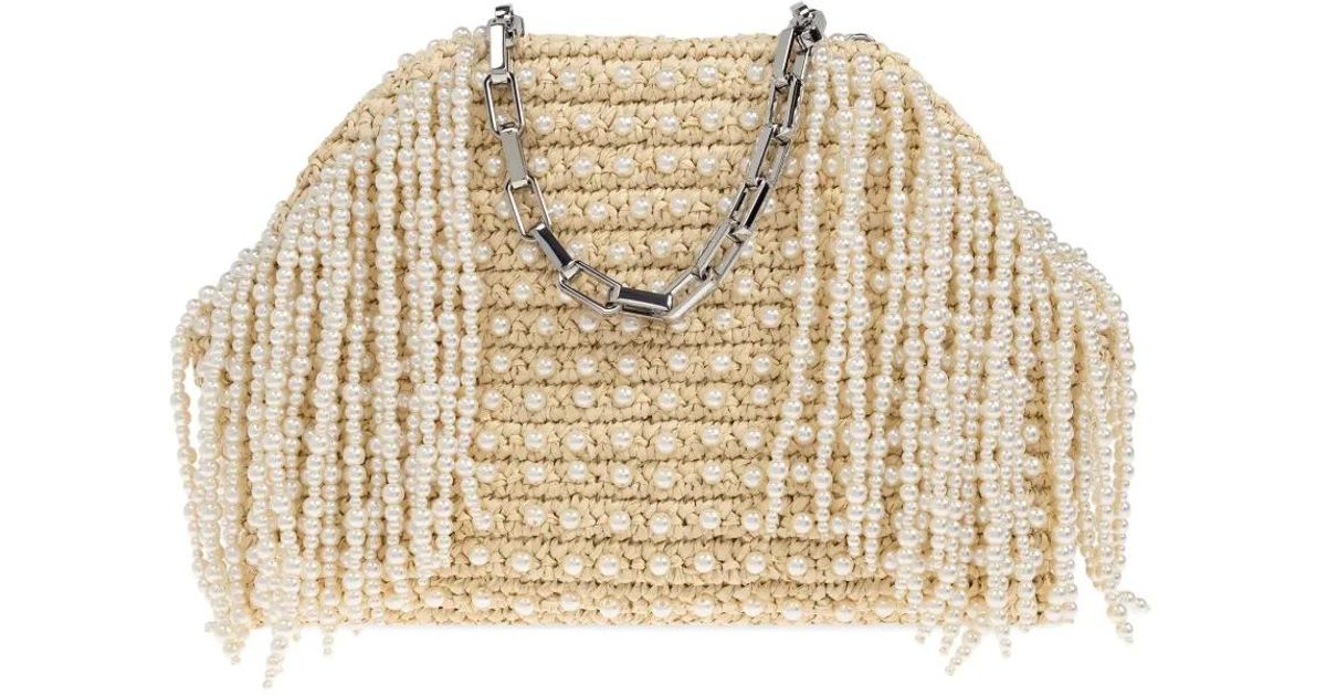 Self-Portrait Pearl-Embellished Tote Bag in Natural | Lyst