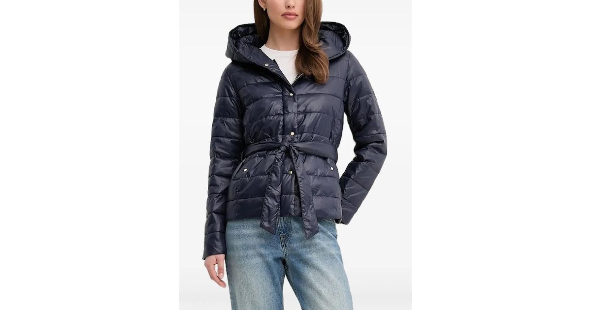Sisley Hooded Belted Puffer Jacket in Blue | Lyst