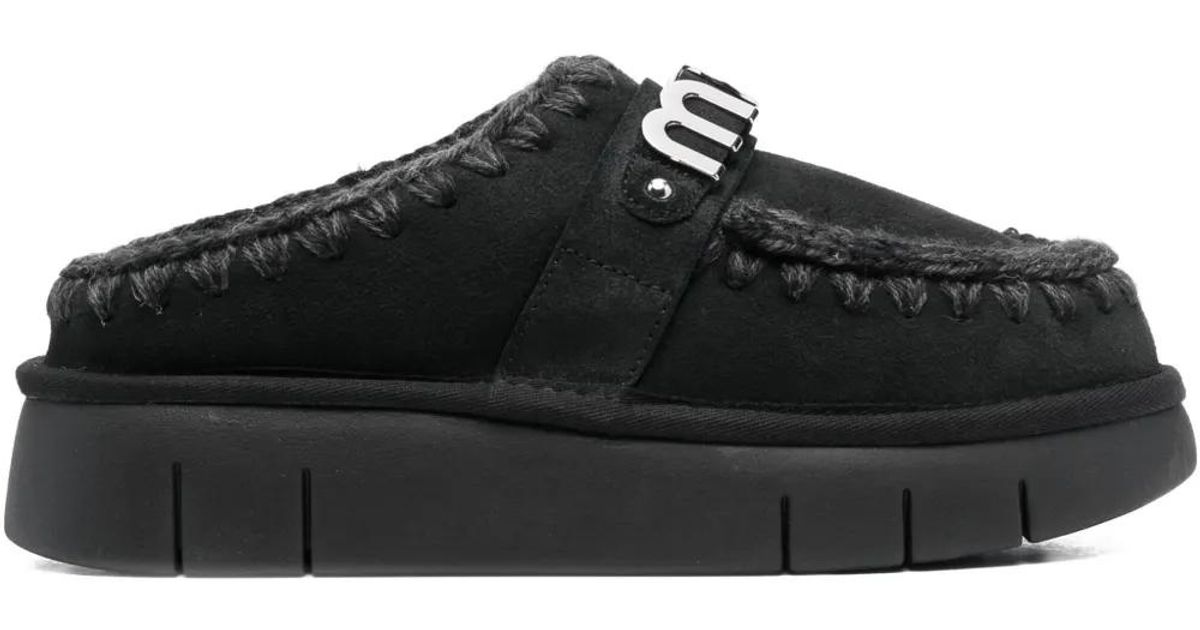 Mou Logo-Plaque Sheepskin Mules in Black | Lyst UK