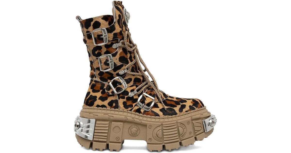 New Rock 100Mm Leopard Print Buckled Combat Boots in Natural | Lyst UK