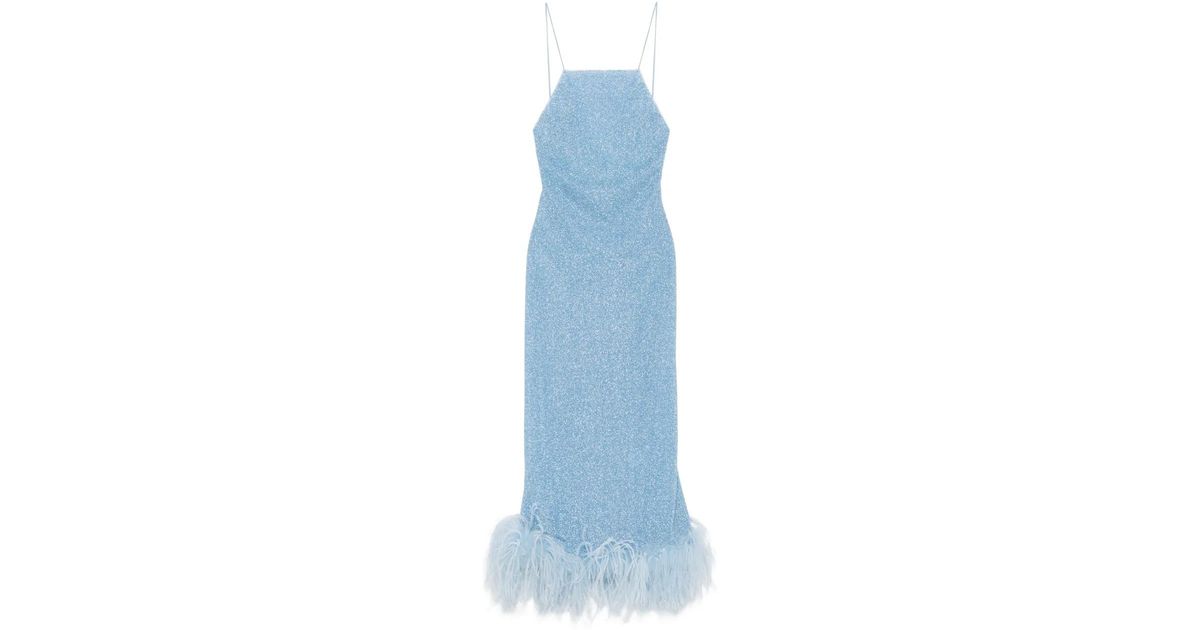 Oséree Spaghetti-Straps Feather-Trim Dress in Blue | Lyst UK