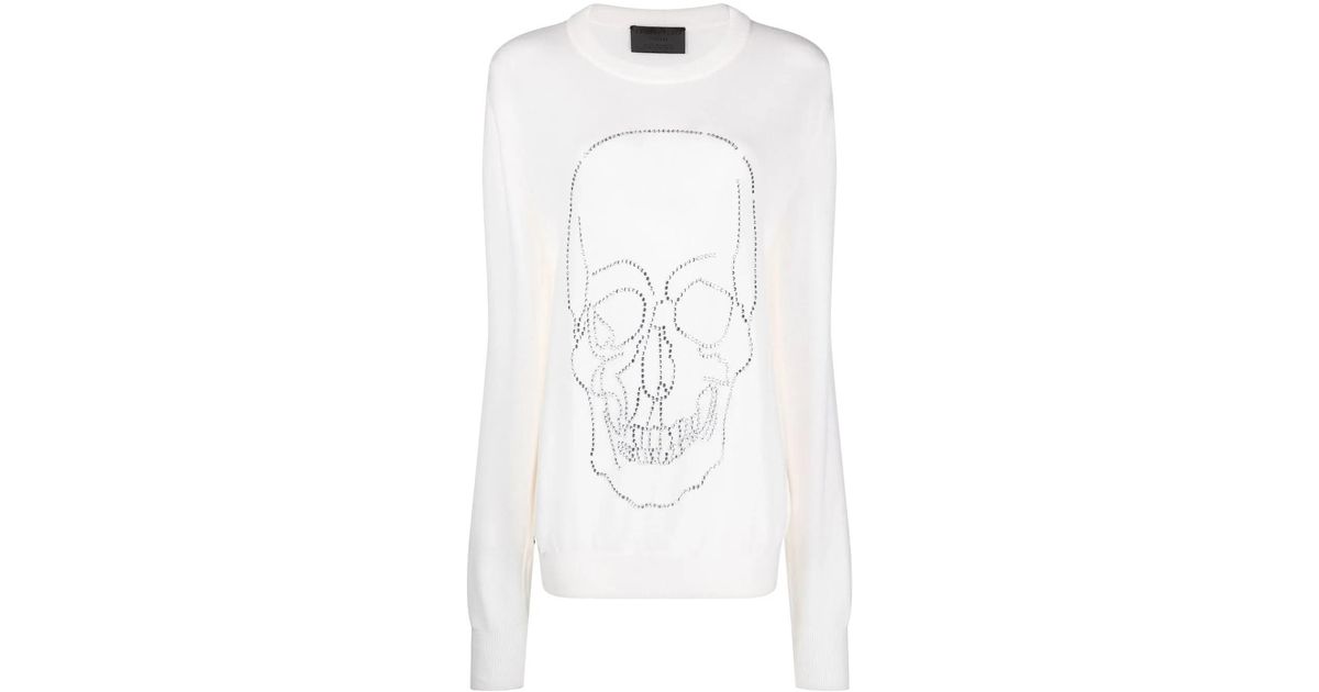 Philipp Plein Studded-Skull Cashmere Pullover in White | Lyst UK