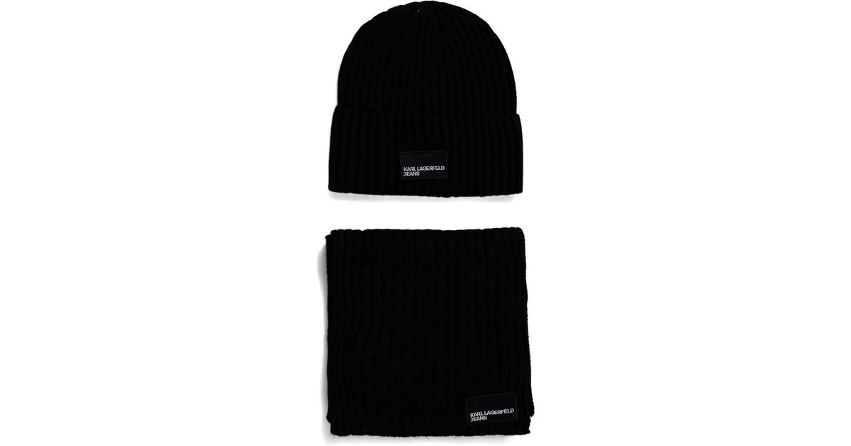 Karl Lagerfeld Ribbed Logo-Patch Beanie Hat Set in Black | Lyst UK