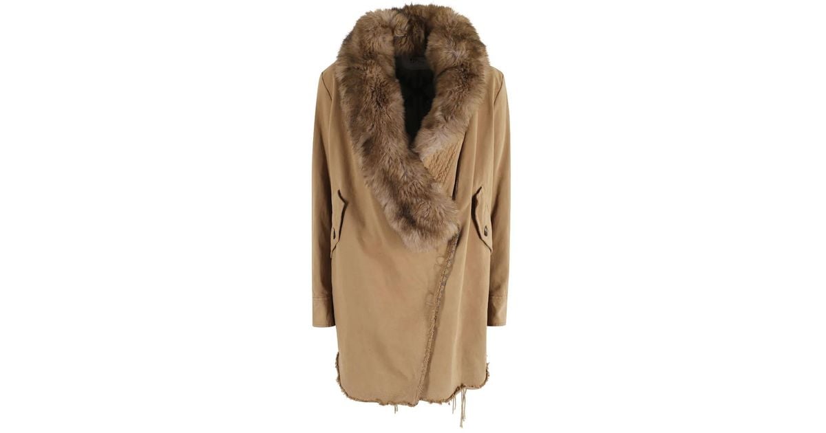 Bazar Deluxe Faux-Fur Collar Frayed-Edge Coat in Natural | Lyst UK
