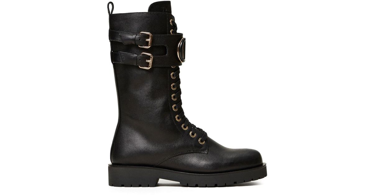 Twin Set Oval T Leather Combat Boots in Black | Lyst