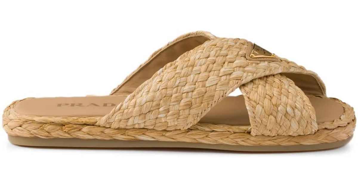 Prada Raffia Criss Cross Slide in Brown | Lyst