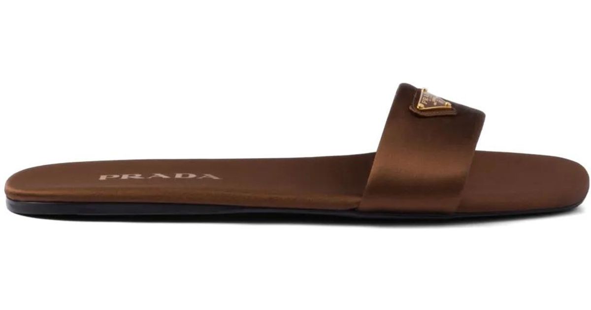 Prada Triangle-Logo Satin Slides in Brown | Lyst