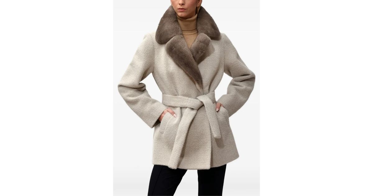 Poche Paris Herringbone Belted Jacket in Natural | Lyst UK