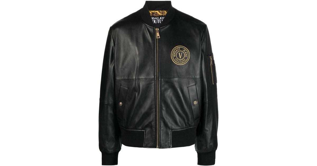 Versace Jeans Couture V-Emblem Leather Bomber Jacket in Black for Men ...