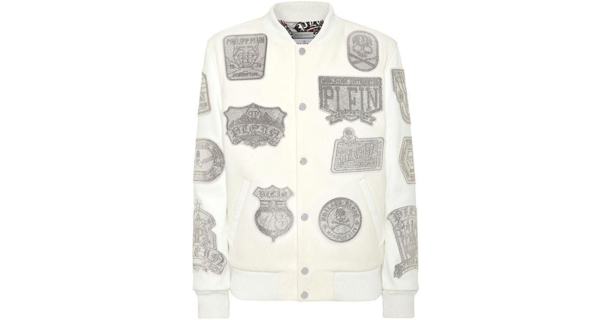 Philipp Plein Crystal College Bomber Jacket in White for Men | Lyst